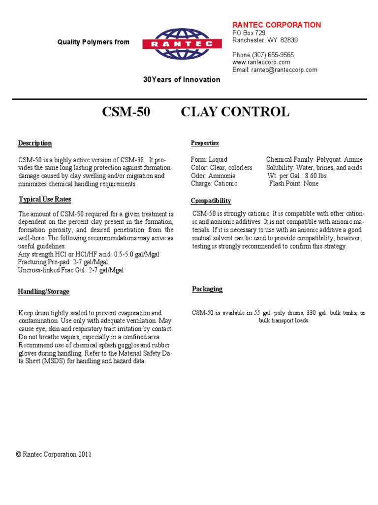 Csm-50 Clay Control: 30years of Innovation | PDF | Hydrochloric Acid ...