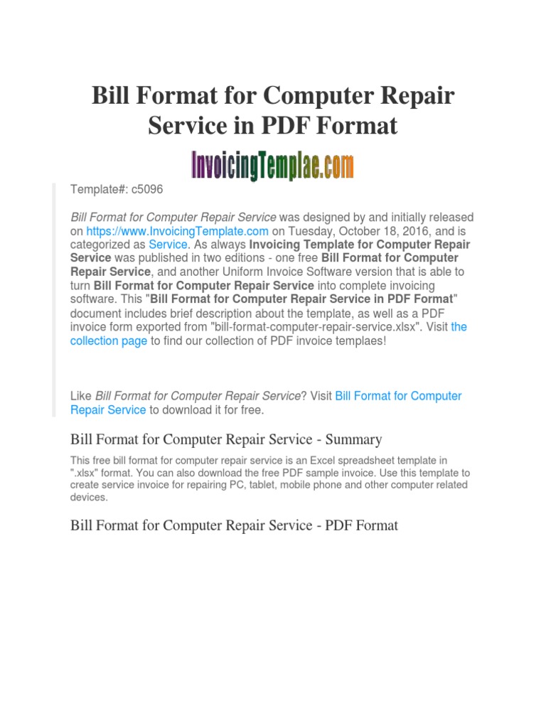 Bill Format For Computer Repair Service in PDF Format | PDF | Computing ...