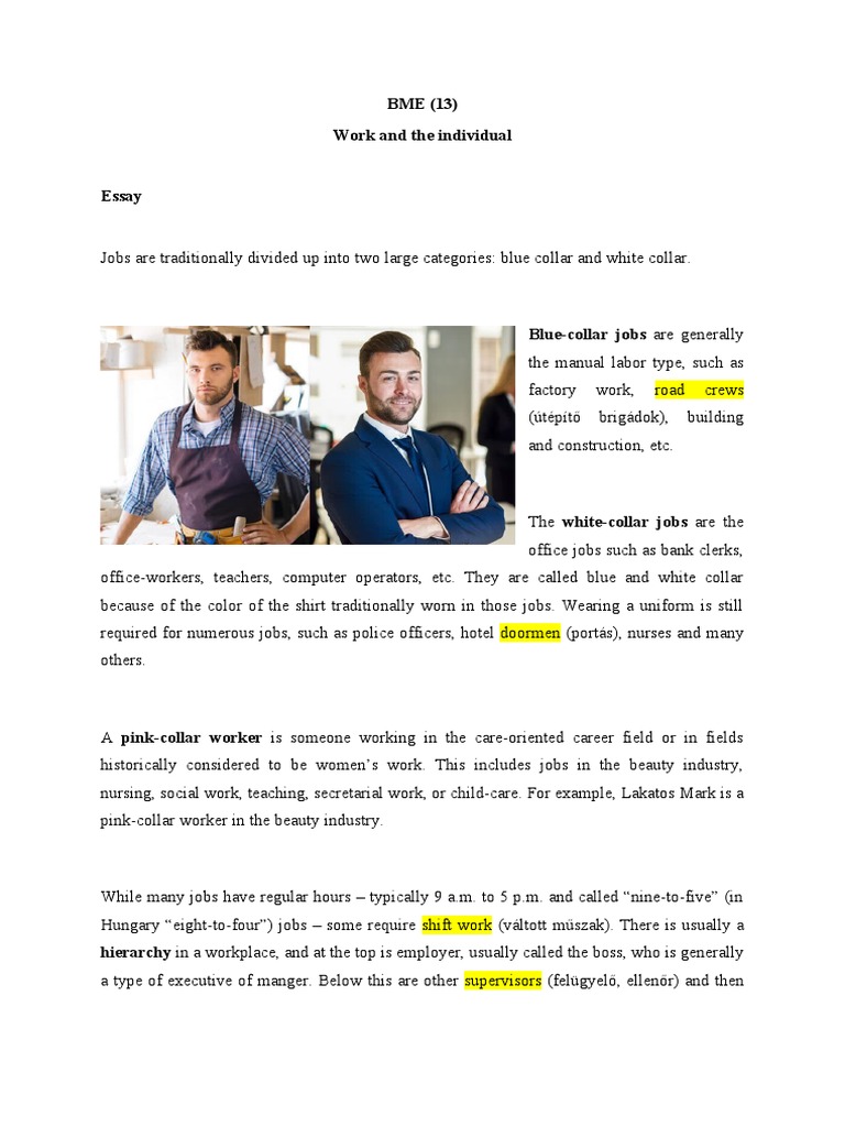 13) BME - Work and Individual | PDF | Employment | Blue Collar Worker