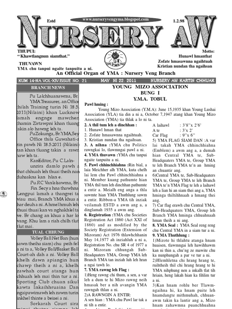An Official Organ of YMA: Nursery Veng Branch Young Mizo Association | PDF