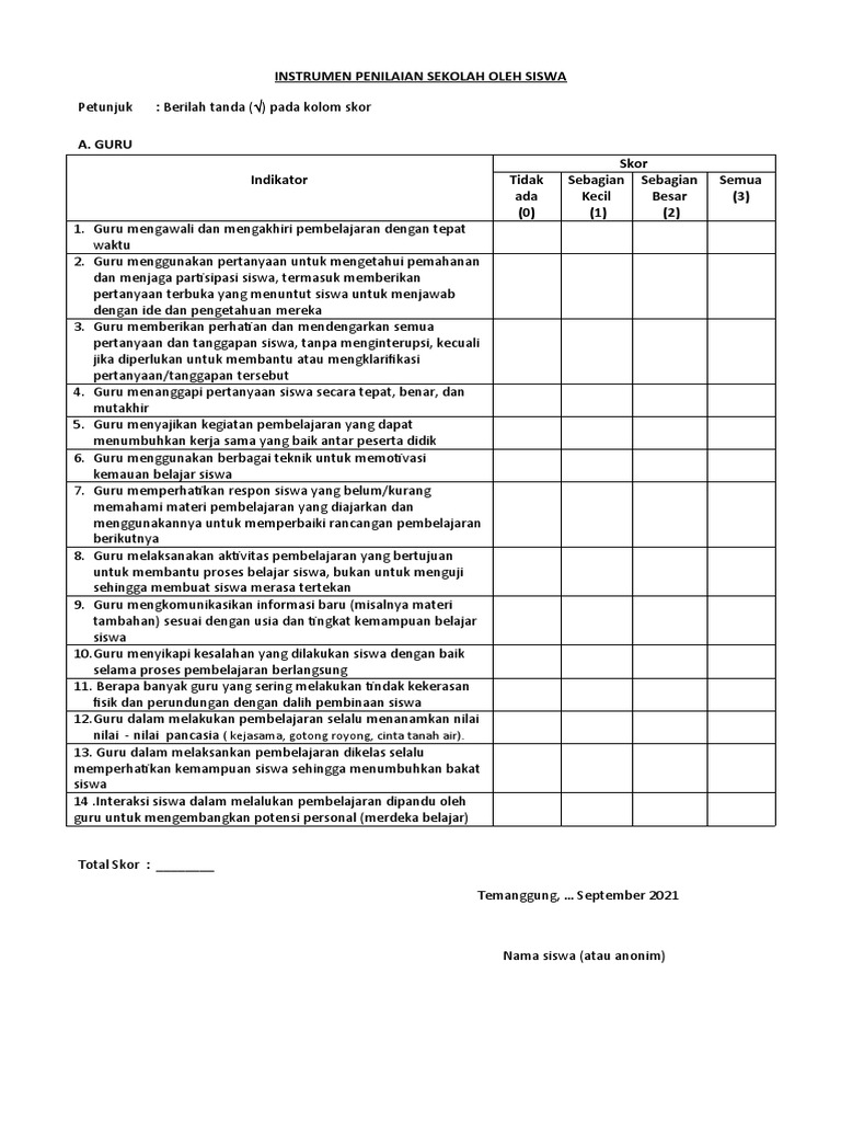 Instrumen Penilaian Sekolah Oleh Siswa | PDF