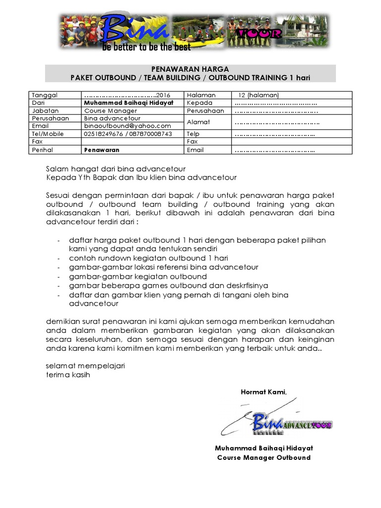 Penawaran Harga Paket Outbound / Team Building / Outbound Training 1 Hari | PDF
