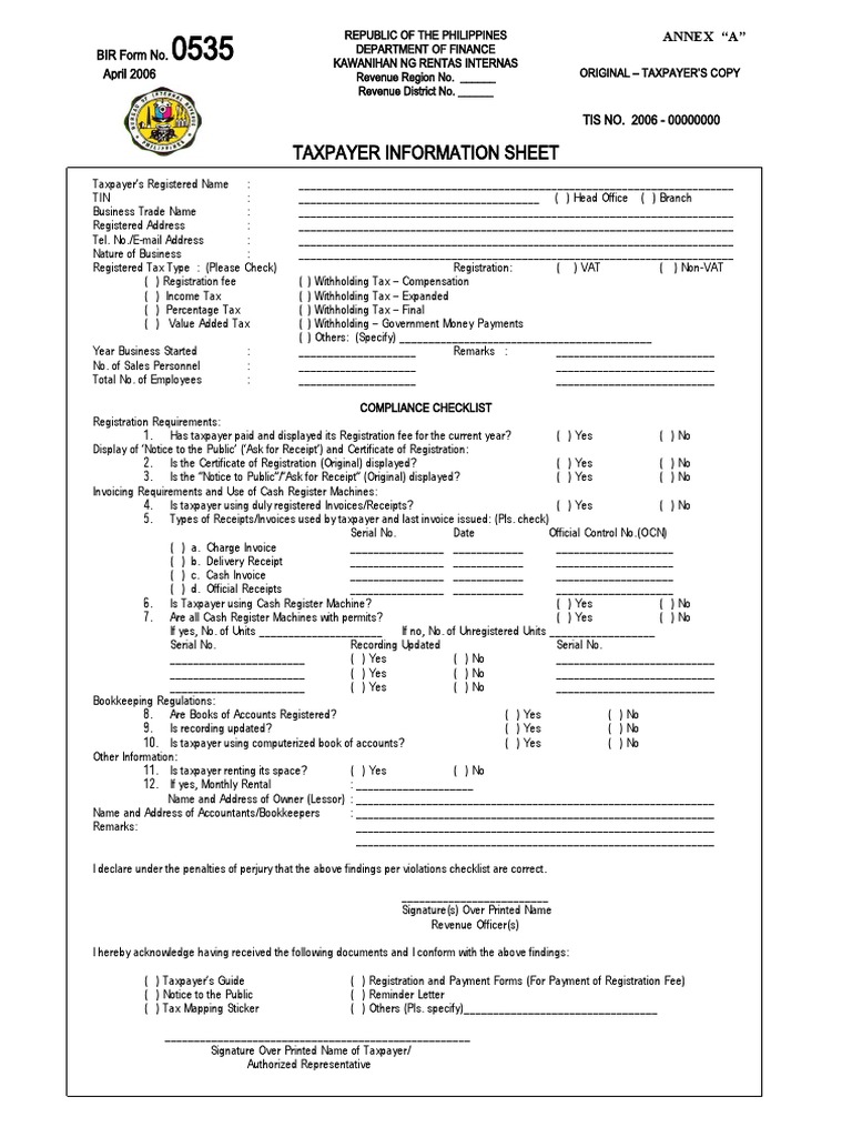 Taxpayer Information Sheet Bir Form No April 2006 Pdf Receipt Taxes