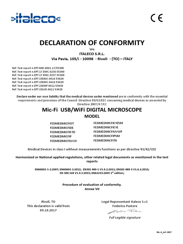 Declaration of Conformity for Various Mic-Fi USB/WiFi Digital ...