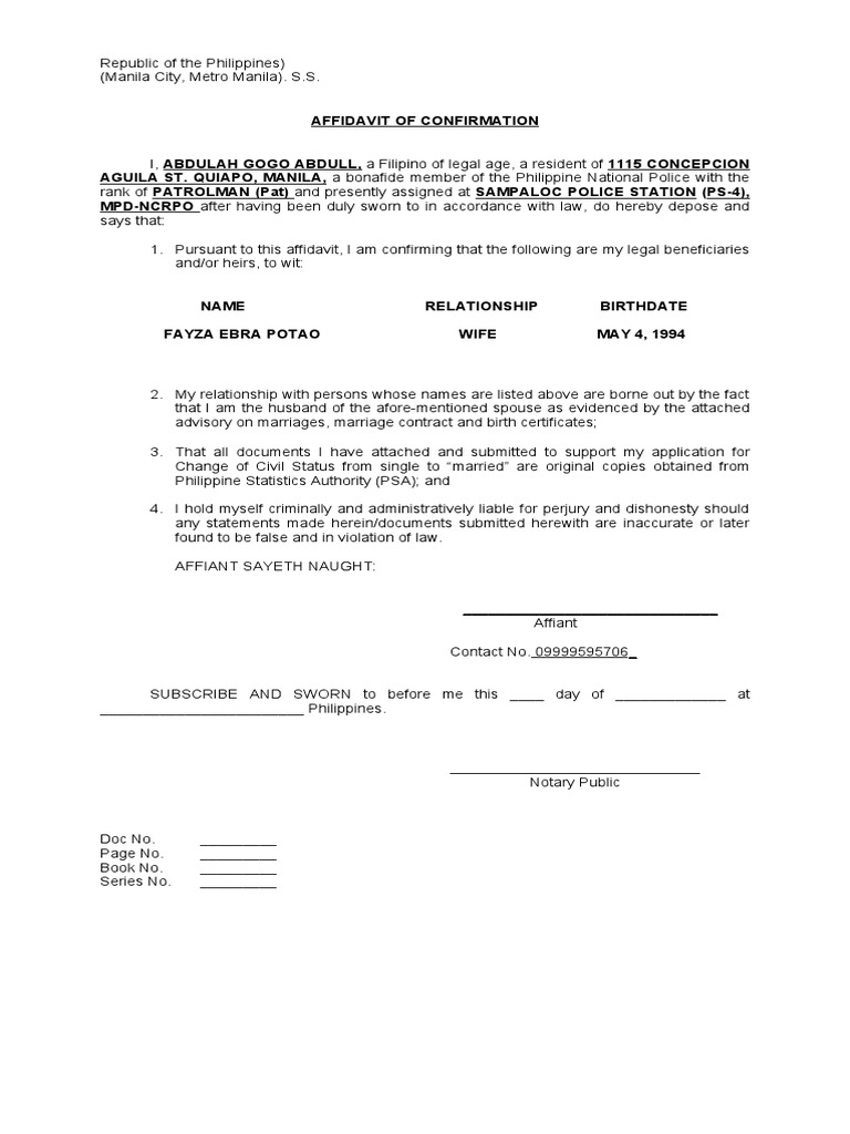Affidavit of Confirmation Single To Married | PDF | Affidavit | Document