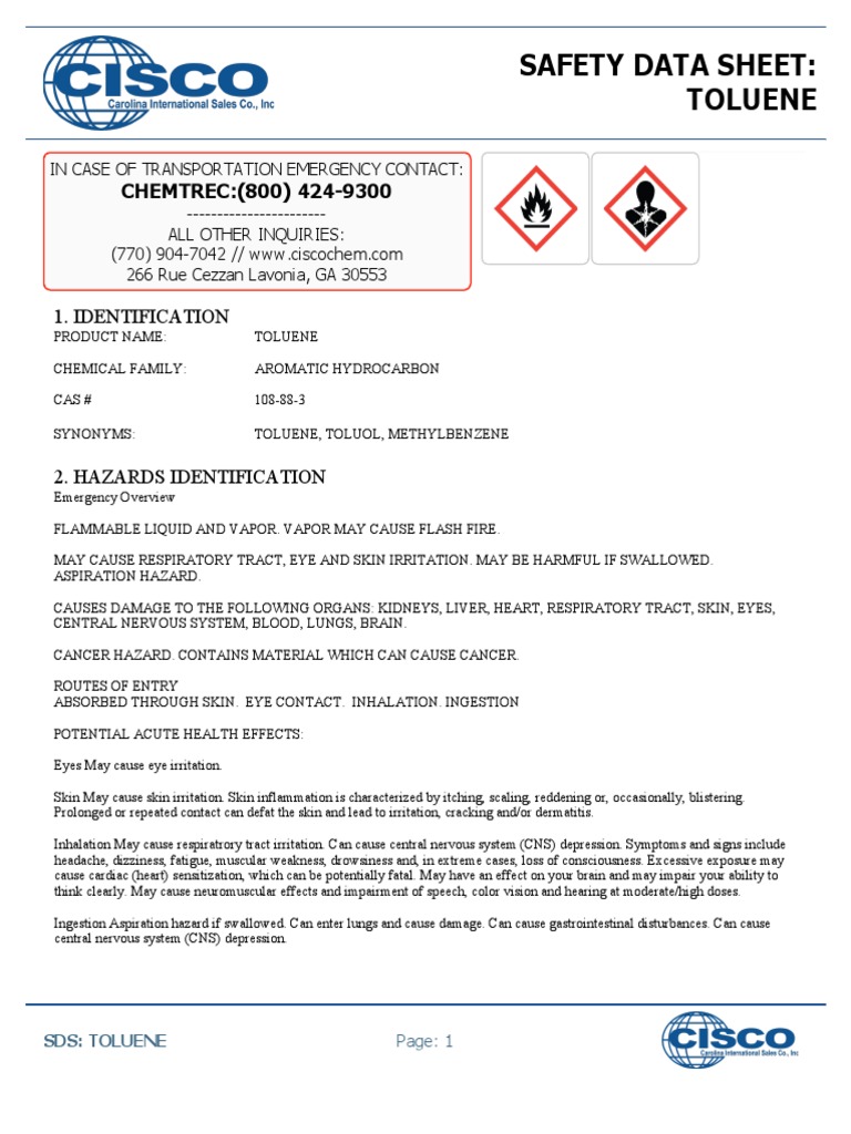 Toluene Sds | PDF | Benzene | Water