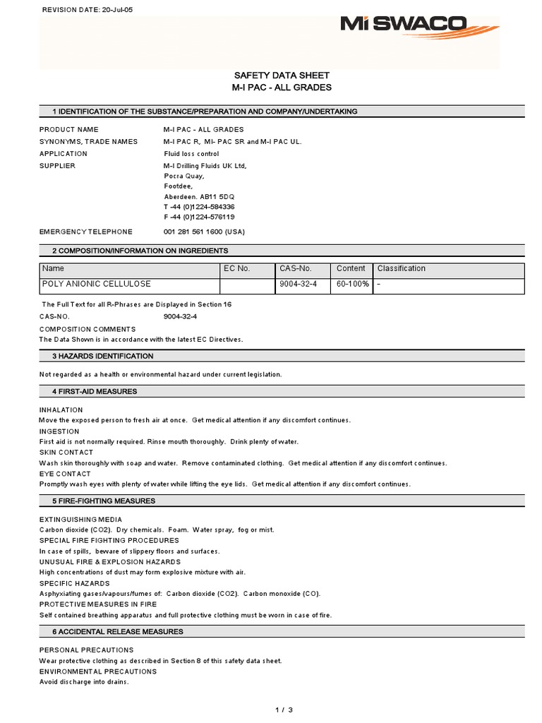 M-I PAC Safety Data Sheet Overview | PDF | Personal Protective ...