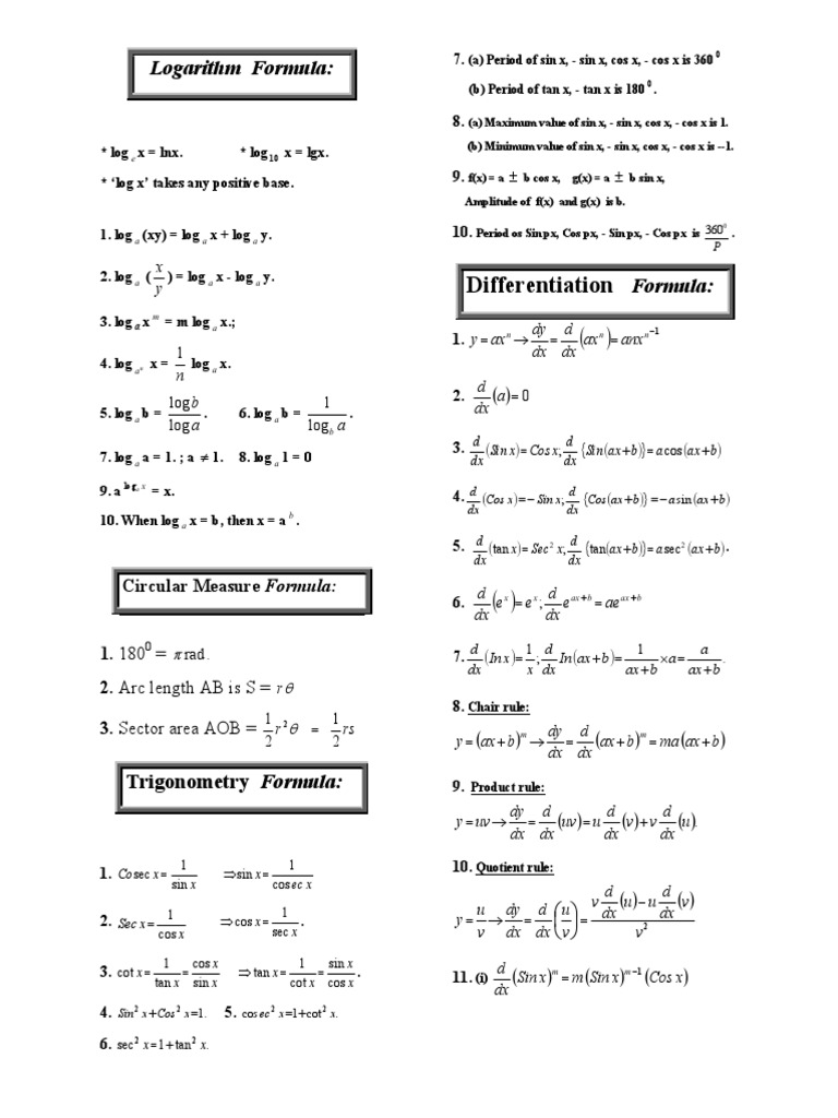 Logarithm Formula:: Differentiation | PDF | Logarithm | Trigonometric ...