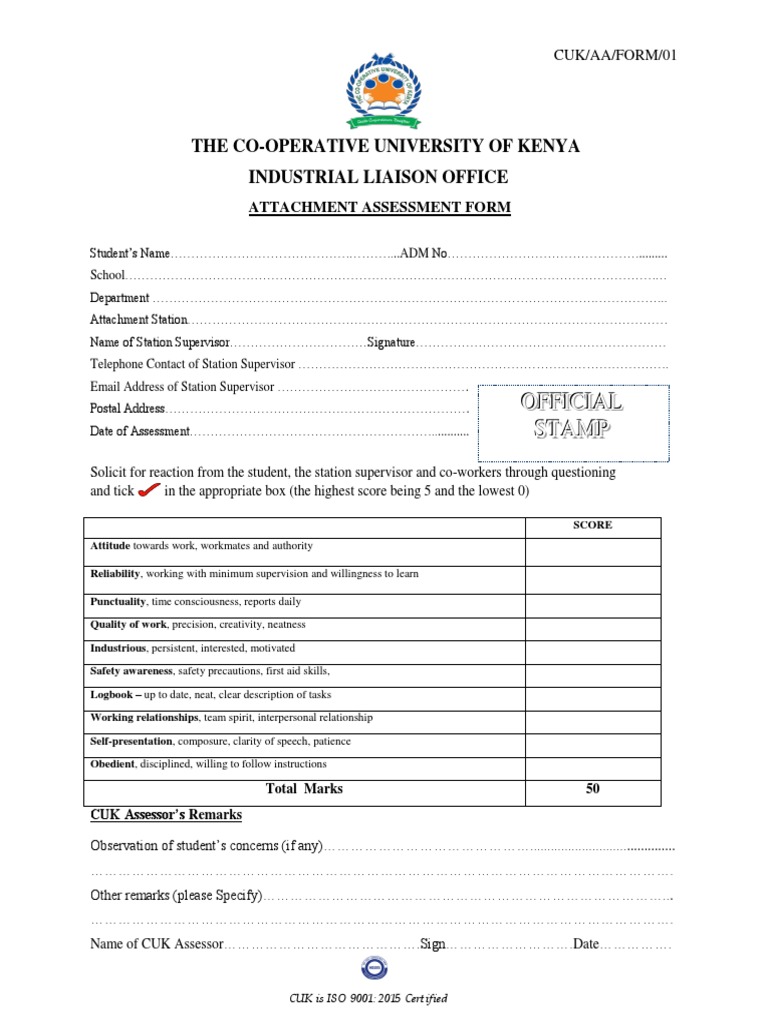 Industrial Attachment Assessment Form | PDF | Communication | Learning