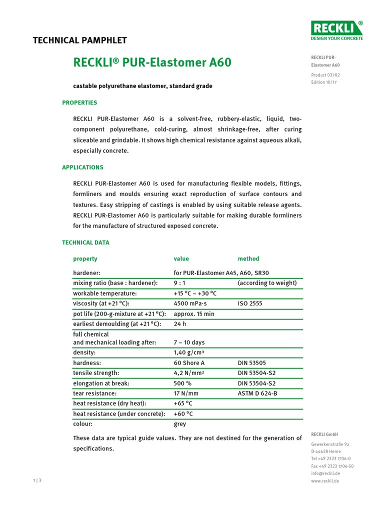 Reckli PUR-Elastomer A60: Technical Pamphlet | PDF | Epoxy | Concrete