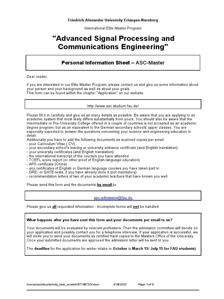 Asc Application Sheet | PDF | Academic Degree | University And College ...