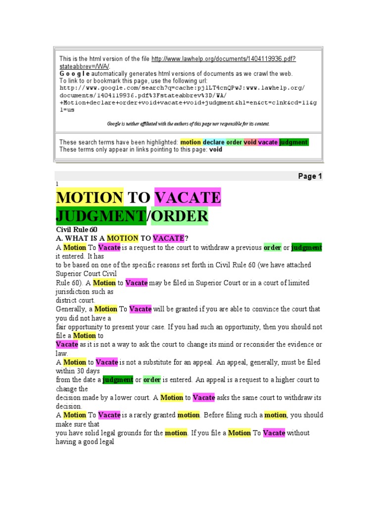 Motion To Vacate Judgment | PDF | Separation Of Powers | Legal Procedure