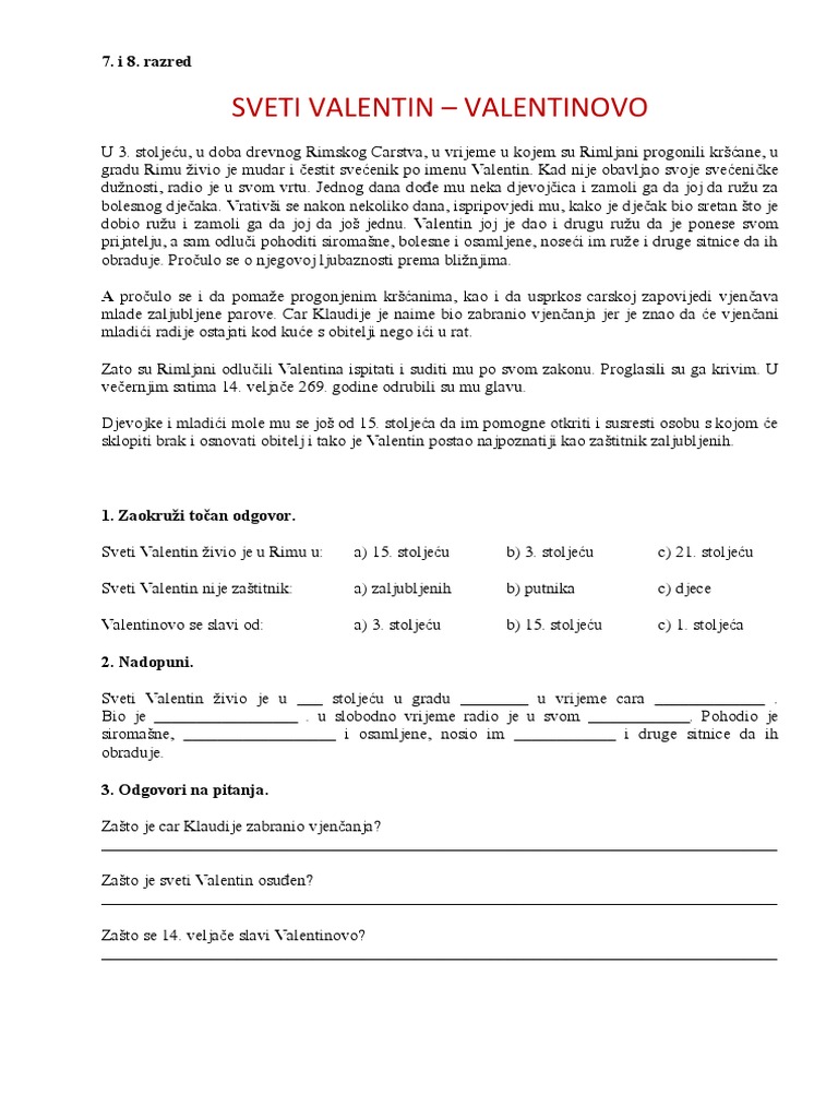 Valentinovo 7-8 Razred | PDF