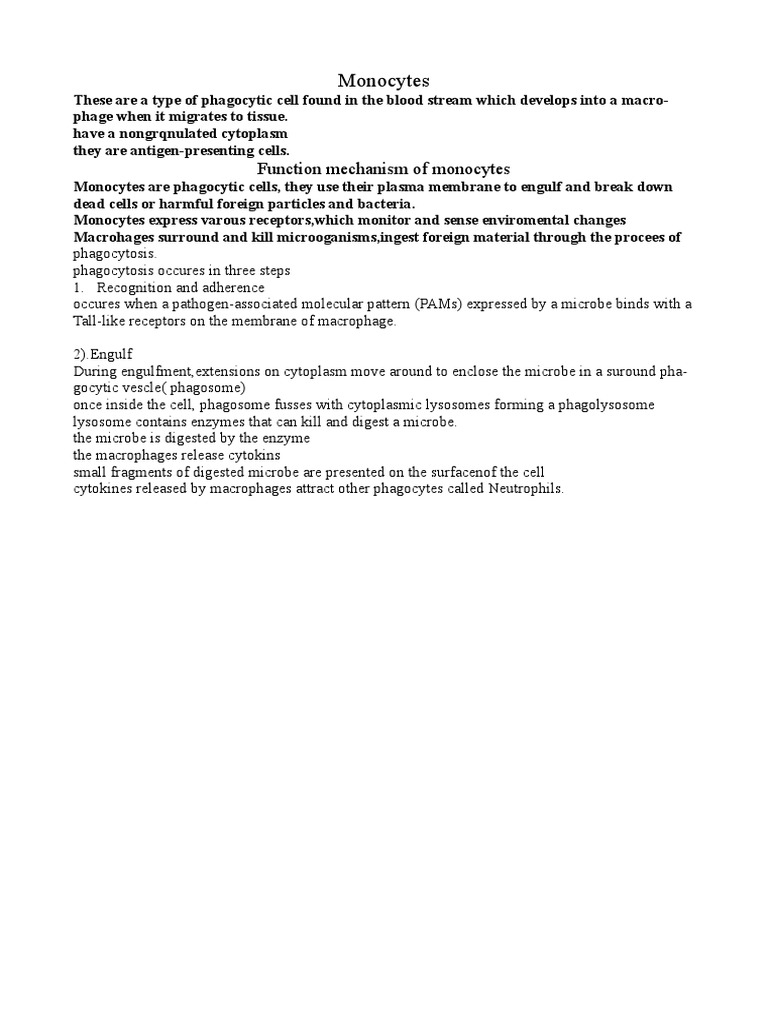 Monocytes: Function Mechanism of Monocytes | PDF