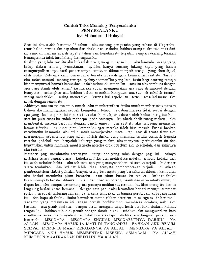 Contoh Teks Monolog Penyesalanku PENYESA | PDF