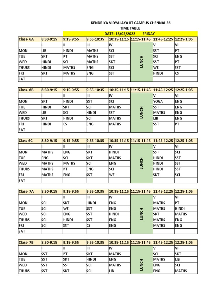 Kendriya Vidyalaya Timetable 2022 | PDF