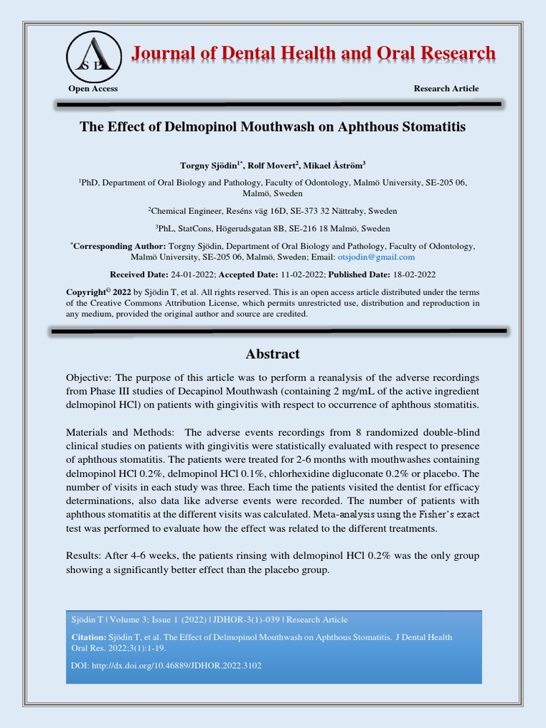 The Effect of Delmopinol Mouthwash On Aphthous Stomatitis | PDF ...