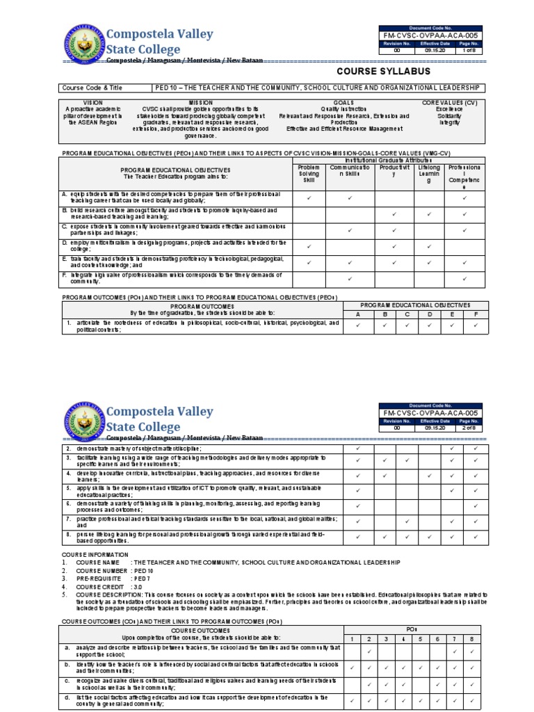 Compostela Valley State College: Course Syllabus | PDF | Educational ...