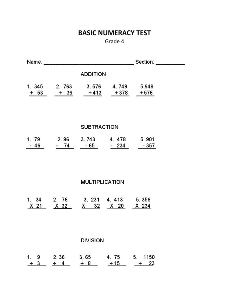 Basic Numeracy Test Grade 4 | PDF