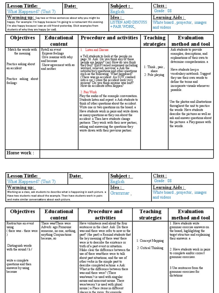 Unit 7 Grade 08 Lesson Plan | PDF | Reading Comprehension | Noun