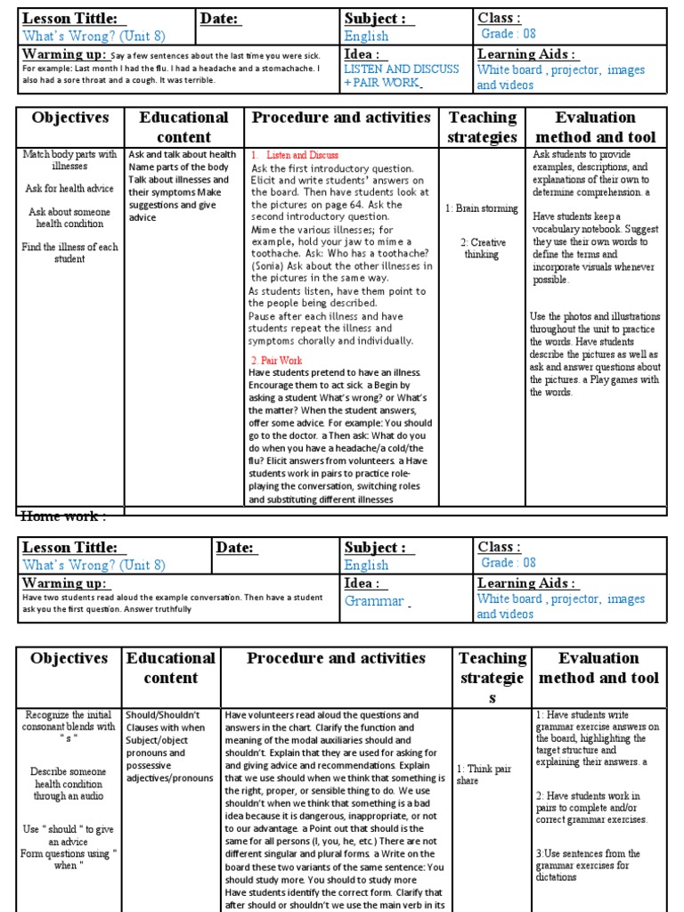 Unit 8 Grade 08 Lesson Plan | PDF | Question | English Language