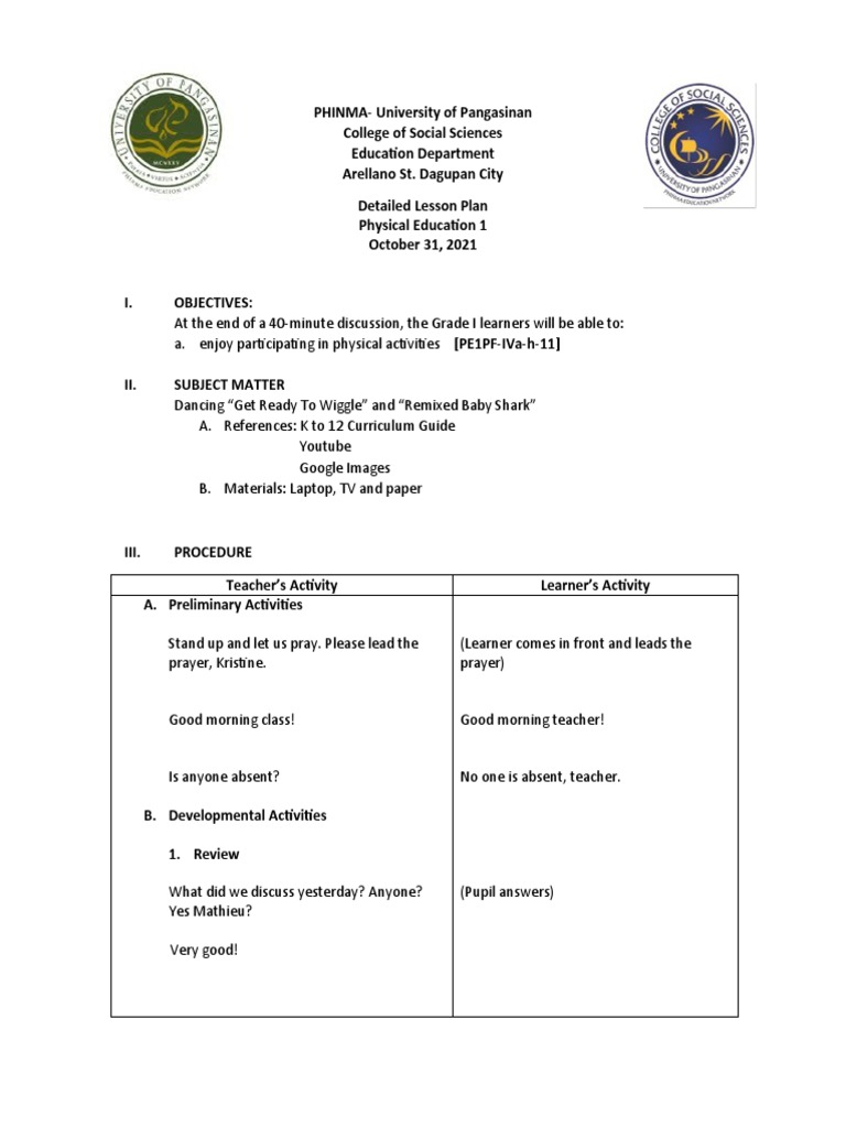 A Detailed Lesson Plan in Physical Education I | PDF | Teachers ...