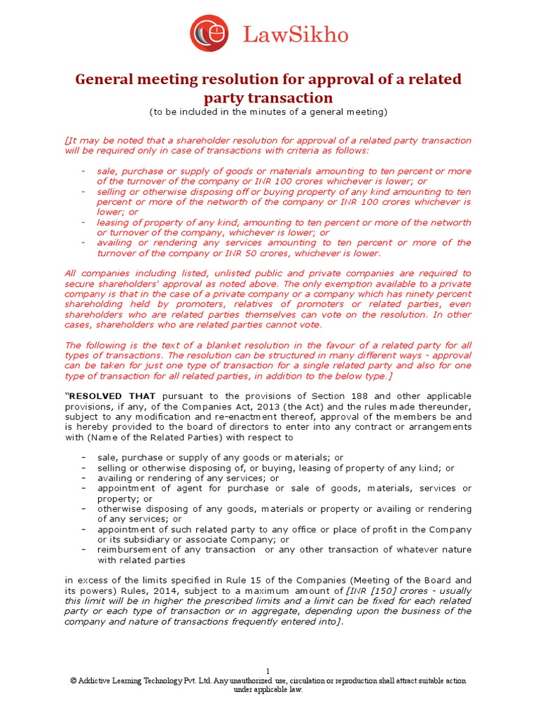 Resolutions For Approval of Related Party Transactions | PDF | Board Of ...