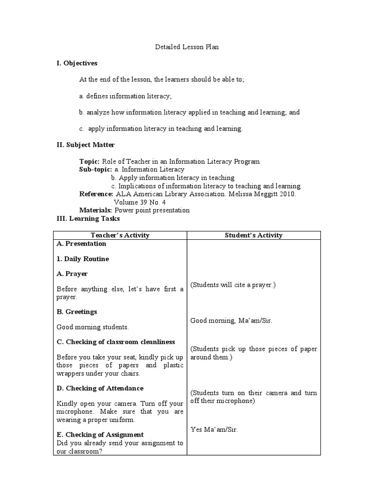 Detailed Lesson Plan | PDF | Information Literacy | Literacy