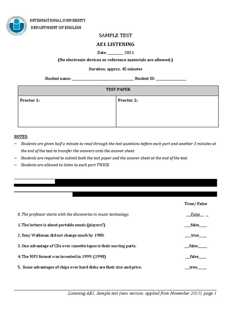 AE1 Listening Proficiency Sample Test | PDF | Slang | Linguistics