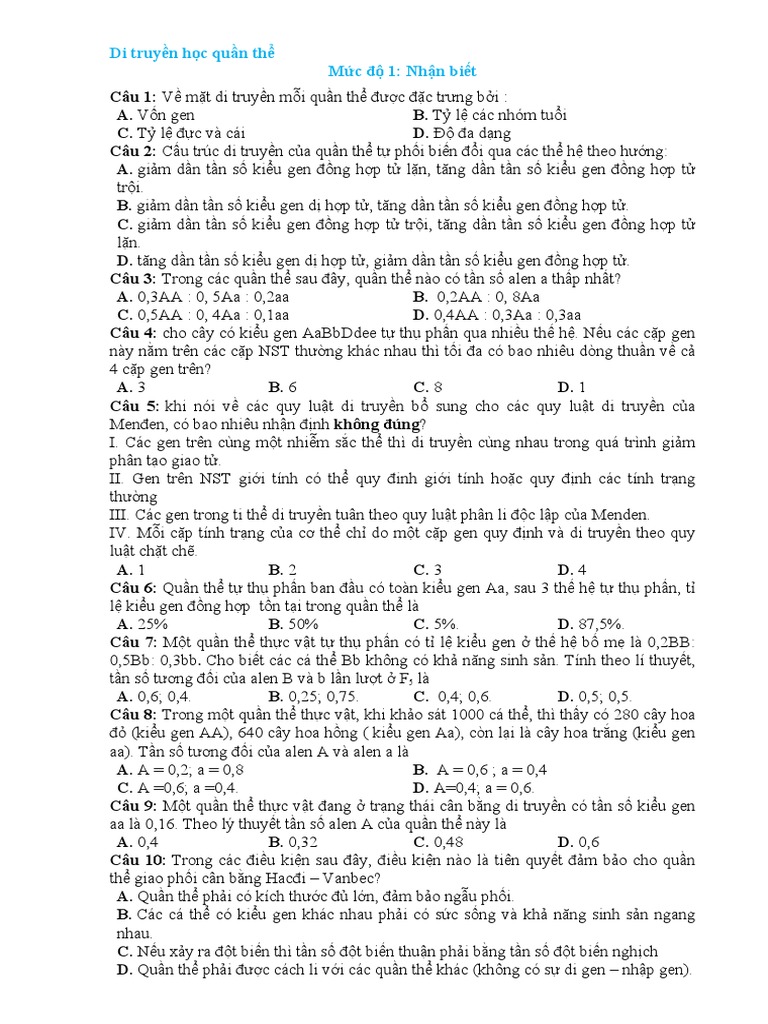 Bai Tap Trac Nghiem Di Truyen Hoc Quan The Co Dap An Va Loi Giai Chi Tiet | PDF
