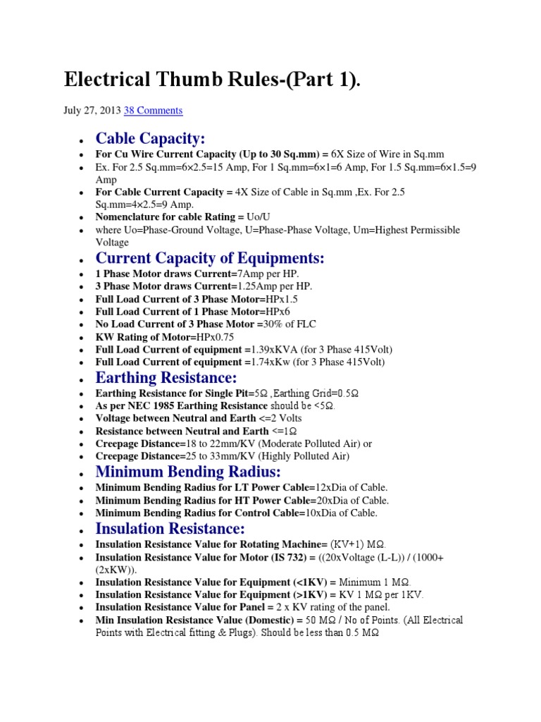Electrical Thumb Rules | PDF | Transformer | Electric Motor