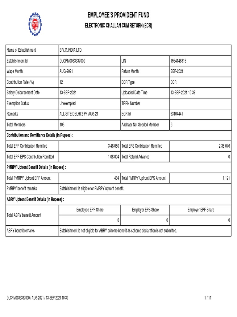 Employee'S Provident Fund: Electronic Challan Cum Return (Ecr) | PDF ...
