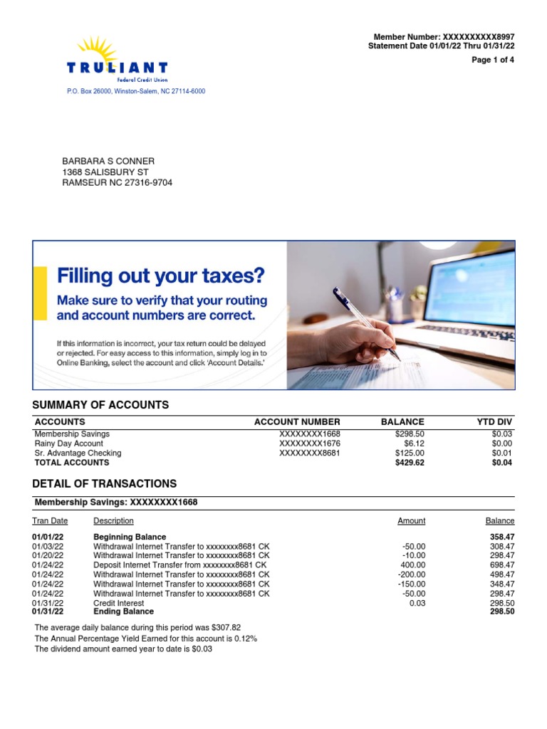 Truliant Federal Credit Union Bank Statement - January - 2022 | PDF ...