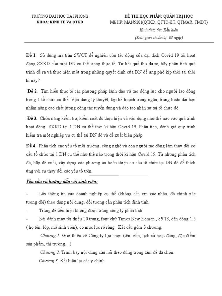 ĐỀ TIỂU LUẬN QTH- HOÀN CHỈNH | PDF