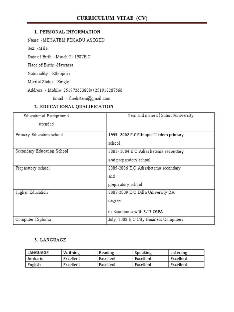 Ethiopian CV of Mehatem Fekadu | PDF | Curriculum