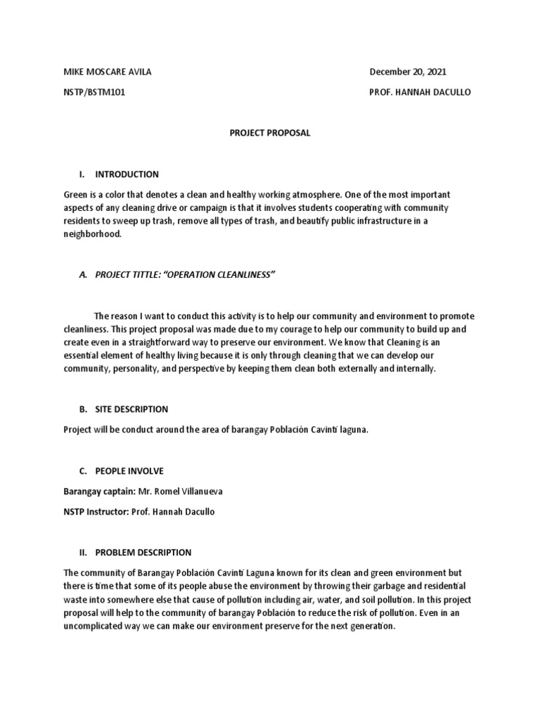 Project Proposal: A. Project Tittle: "Operation Cleanliness" | PDF