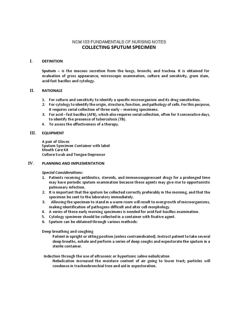 Collecting Sputum Specimen: NCM 103 Fundamentals of Nursing Notes | PDF ...