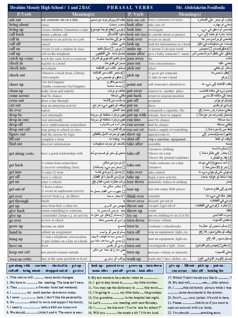 Phrasal Verbs List (Arabic Trans.) and Practice - 1st and 2nd BAC | PDF