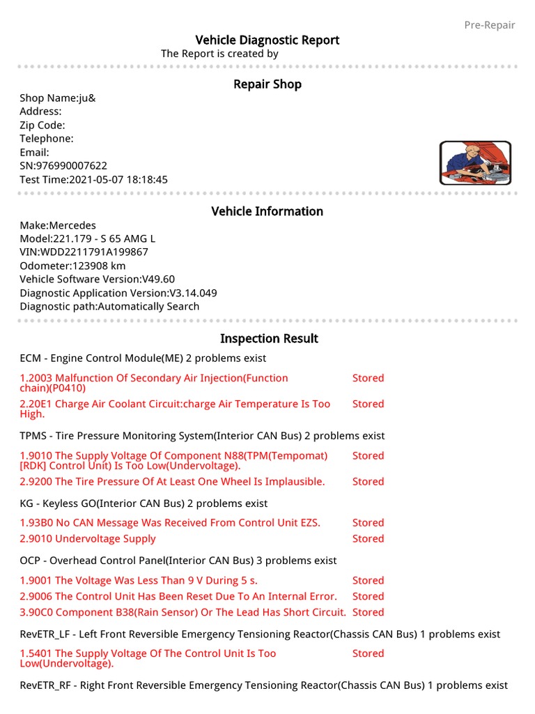 Vehicle Diagnostic Report: Pre-Repair | PDF | Trunk (Car) | Voltage