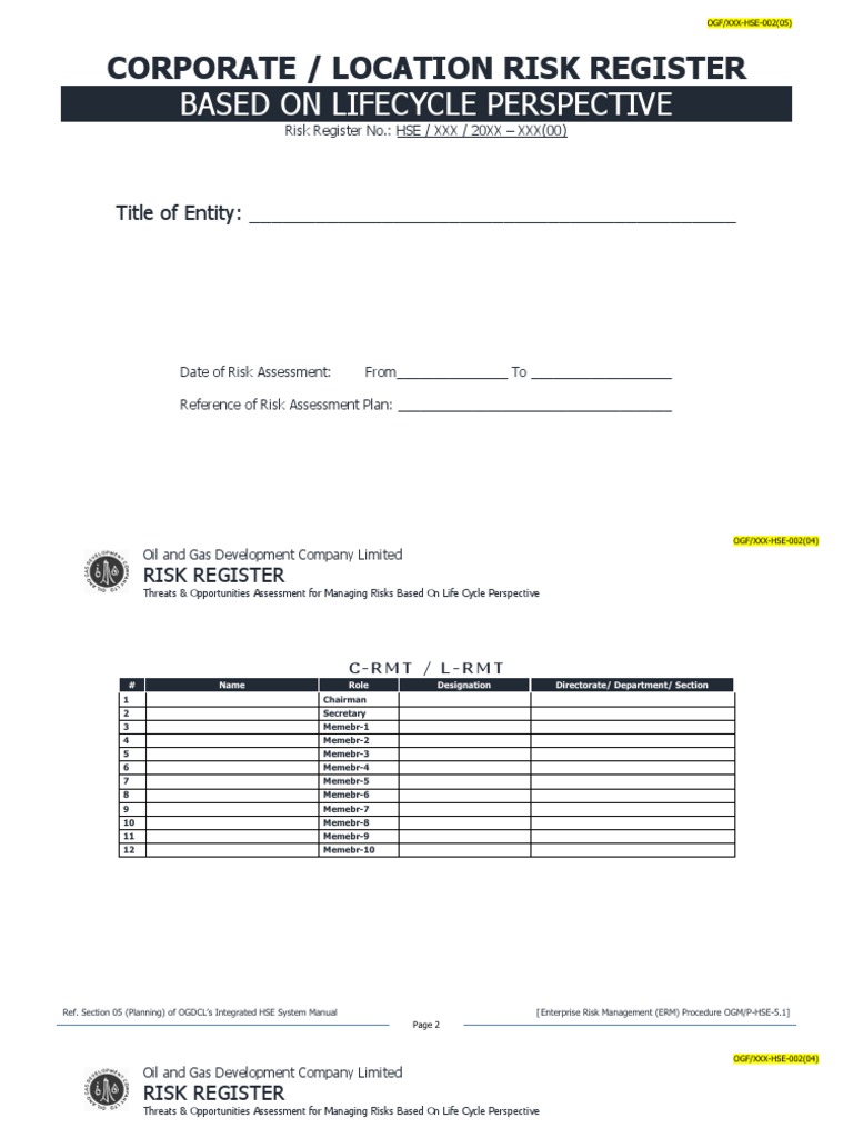 Risk Register (OGF HSEQ 002) R5 | PDF | Risk Management | Risk