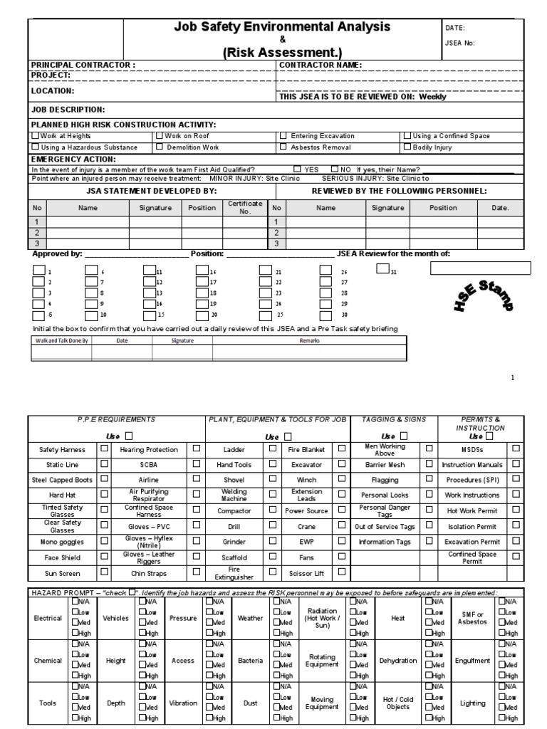 JSEA Job Safety and Environmental Analysis Format SWMS 2 Oct 2020 | PDF ...