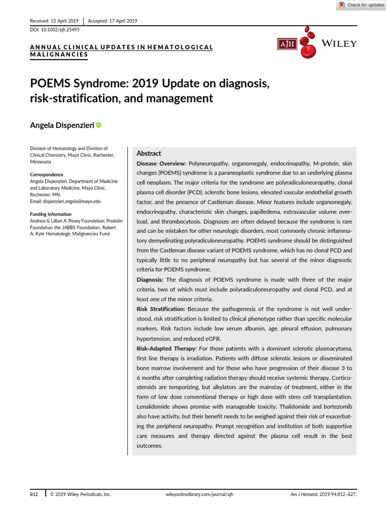POEMS Syndrome 2019 Update On Diagnosis, Risk Stratification, and ...