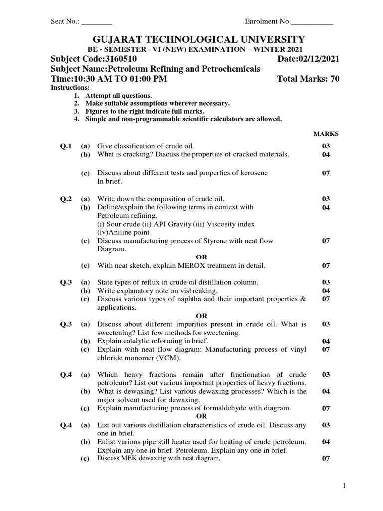 GTU Petroleum Refining and Petrochemicals Exam Questions | PDF ...