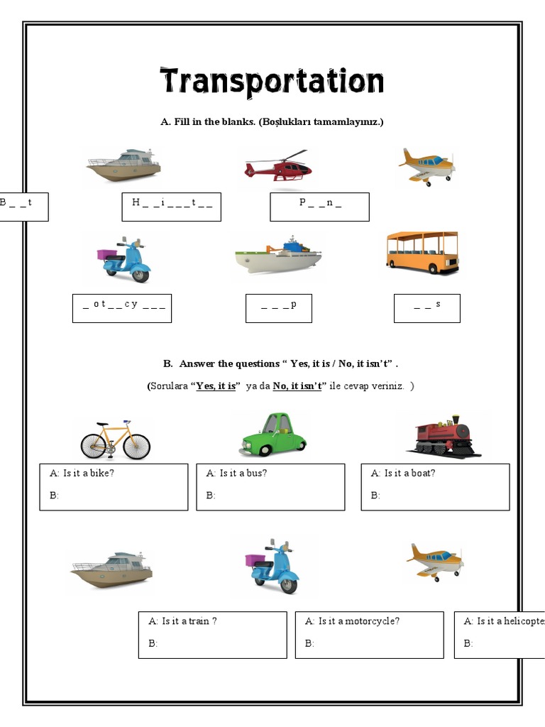 Transportation: A. Fill in The Blanks. (Boşlukları Tamamlayınız.) | PDF ...