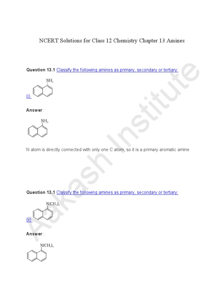 Ncert Solutions Class 12 Chemistry Chapter 13 Amines - 0 | Download Free PDF | Amine | Chemical ...