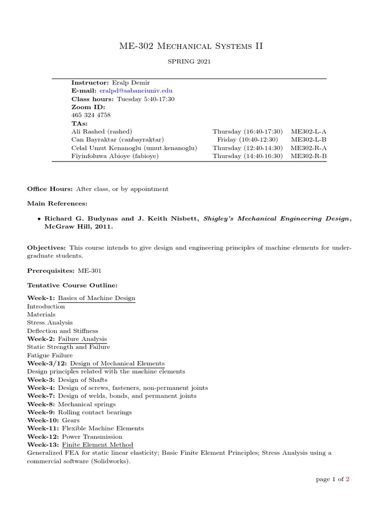 ME-302 Mechanical Systems II Spring 2021 Course | PDF | Finite Element ...