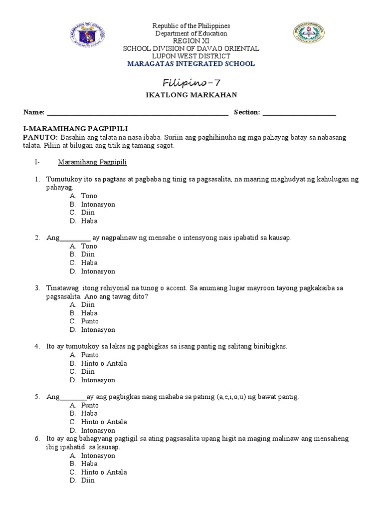 Ikatlong Markahan Fil 7 Exam | PDF