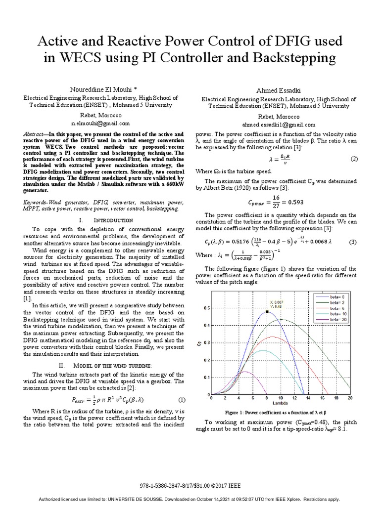 Active and Reactive Power Control of DFIG Used in WECS Using PI Controller and Backstepping ...