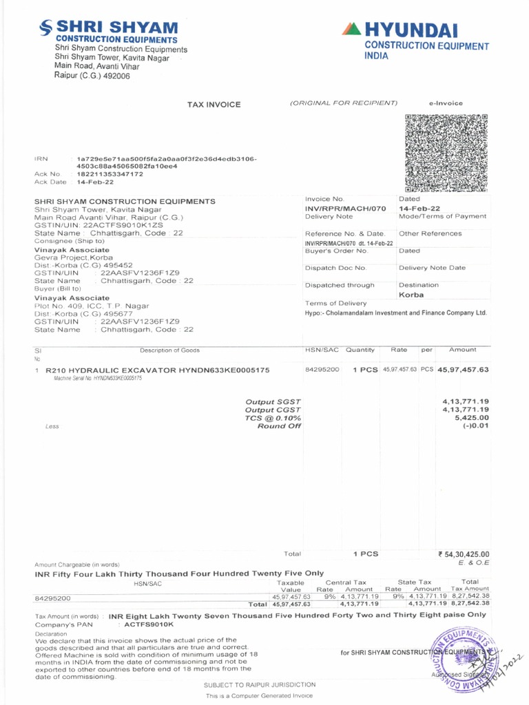 Tax Invoice from Shri Shyam Construction Equipments to Vinayak ...