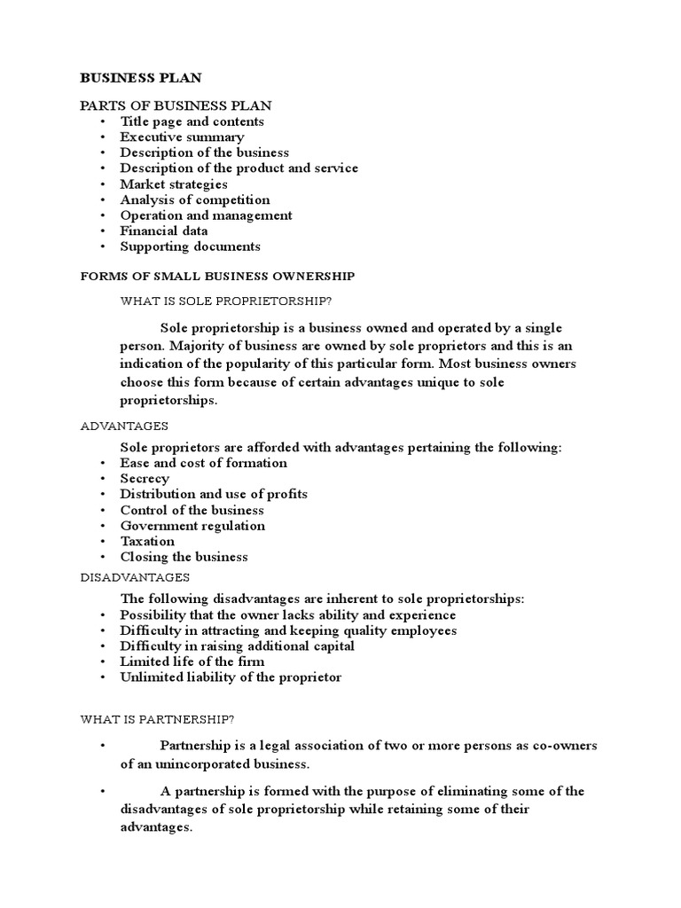 Business Plan | PDF | Sole Proprietorship | Partnership